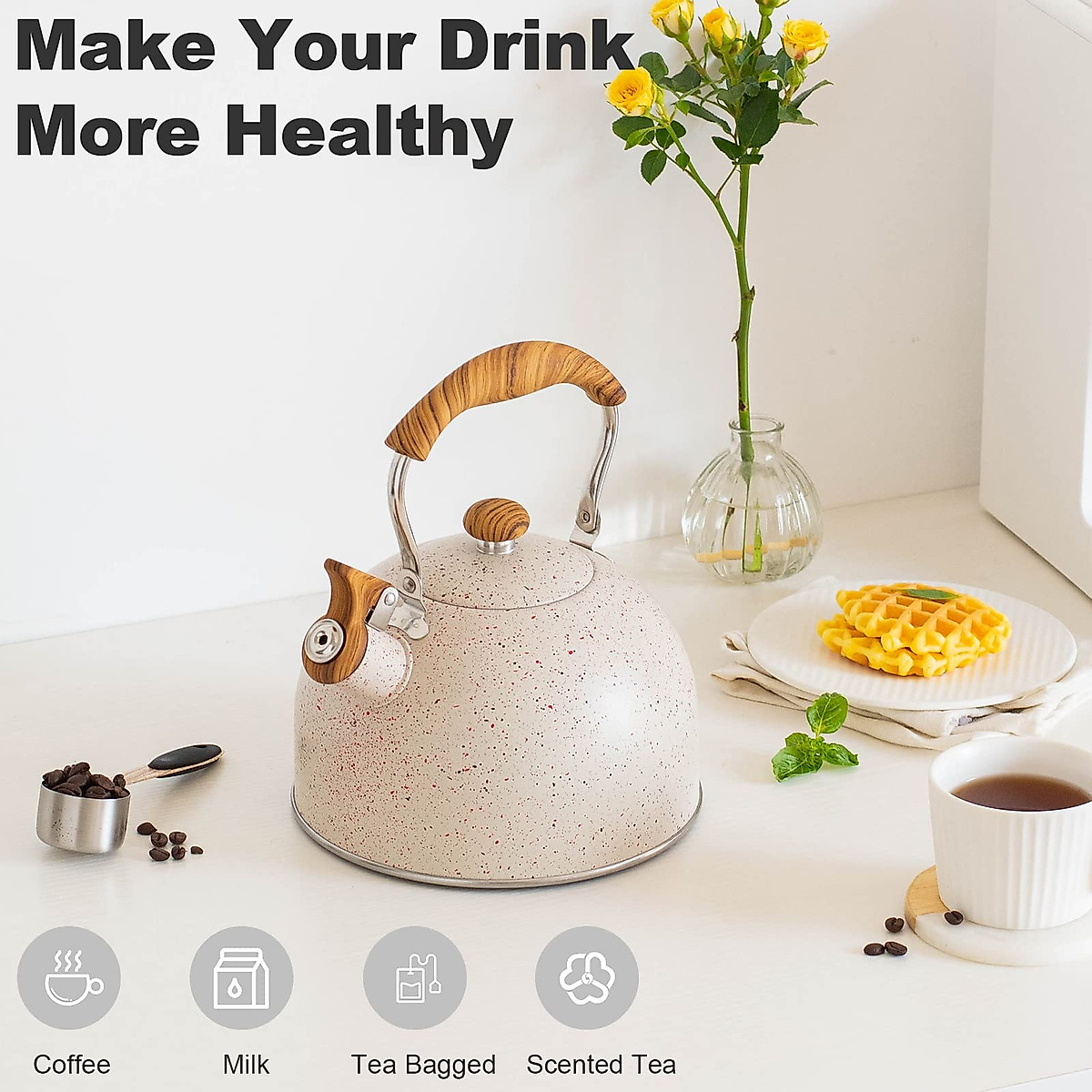 2.6 Quart/2.5 Liter Whistling Tea Kettle Stainless Steel Tea Pots for Stove Top Stylish Kettle With Wood Pattern Anti-slip Handle, White