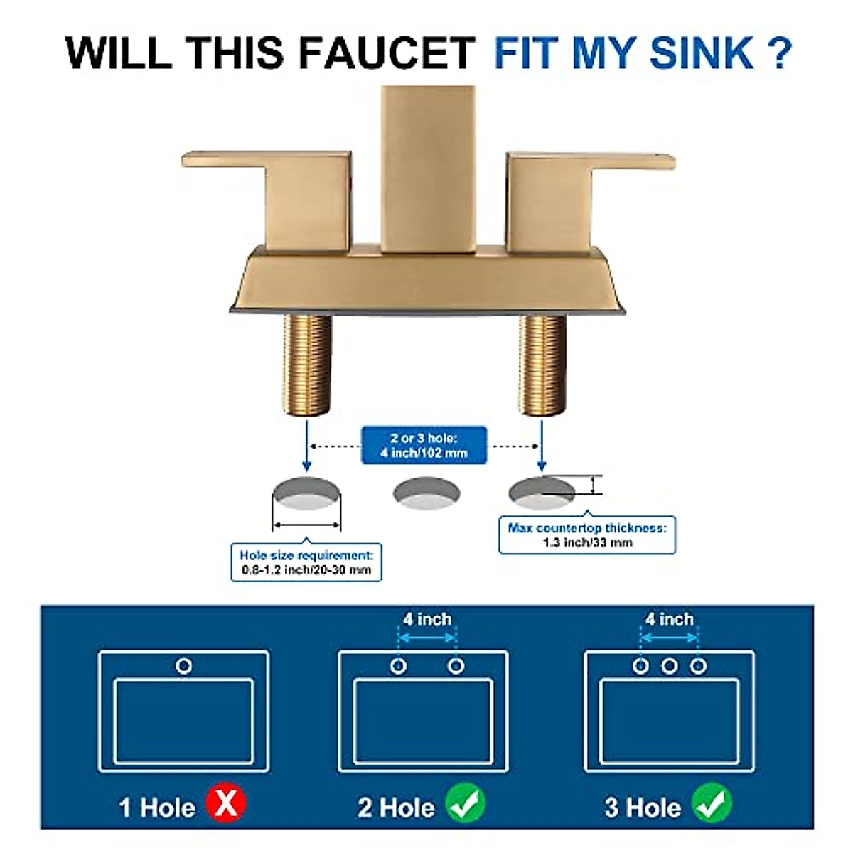 TONNY Gold Bathroom Faucet, Waterfall Bathroom Sink Faucet, 4-Inch Centerset Bathroom Faucets for Sink 3 Hole with Pop Up Drain and Water Supply Line, Brushed Gold