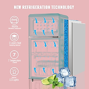 WANAI 3.5 Cu.ft Compact Refrigerators Mini Fridge with Freezer Blue Small Fridge Dual Door Classic Retro Refrigerator Removable Glass Shelves Adjustable Thermostat for Home Office Dorm RV