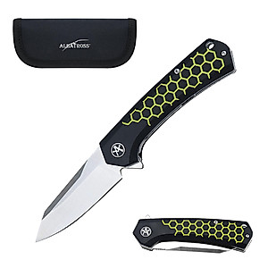 ALBATROSS Pocket Folding Knife, 3" D2 Steel Satin Blade, 4.5" Black G10 Handle with Hexagonal Pattern, Liner Lock, FK055 (Yellow)