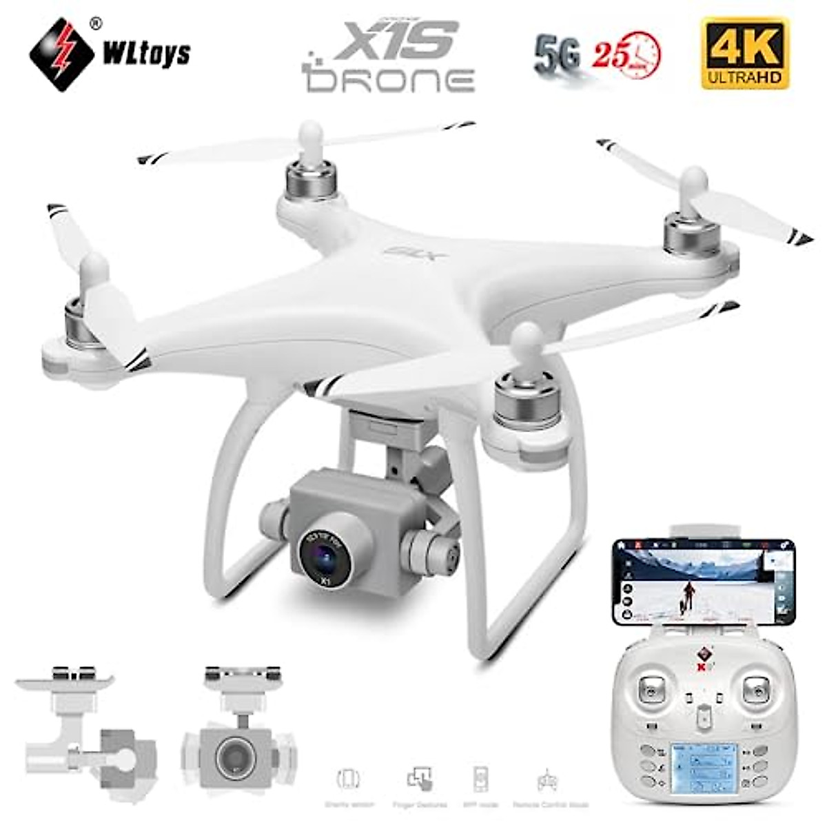 WLTOYS X1S Quadcopter Quadcopter Drone with 4K HD Camera 2-Axis Self-stabilizing Gimbal 5G Wifi FPV GPS Brushsss RC Quadcopter VS X1 Drone (X1S 1 * 3150)