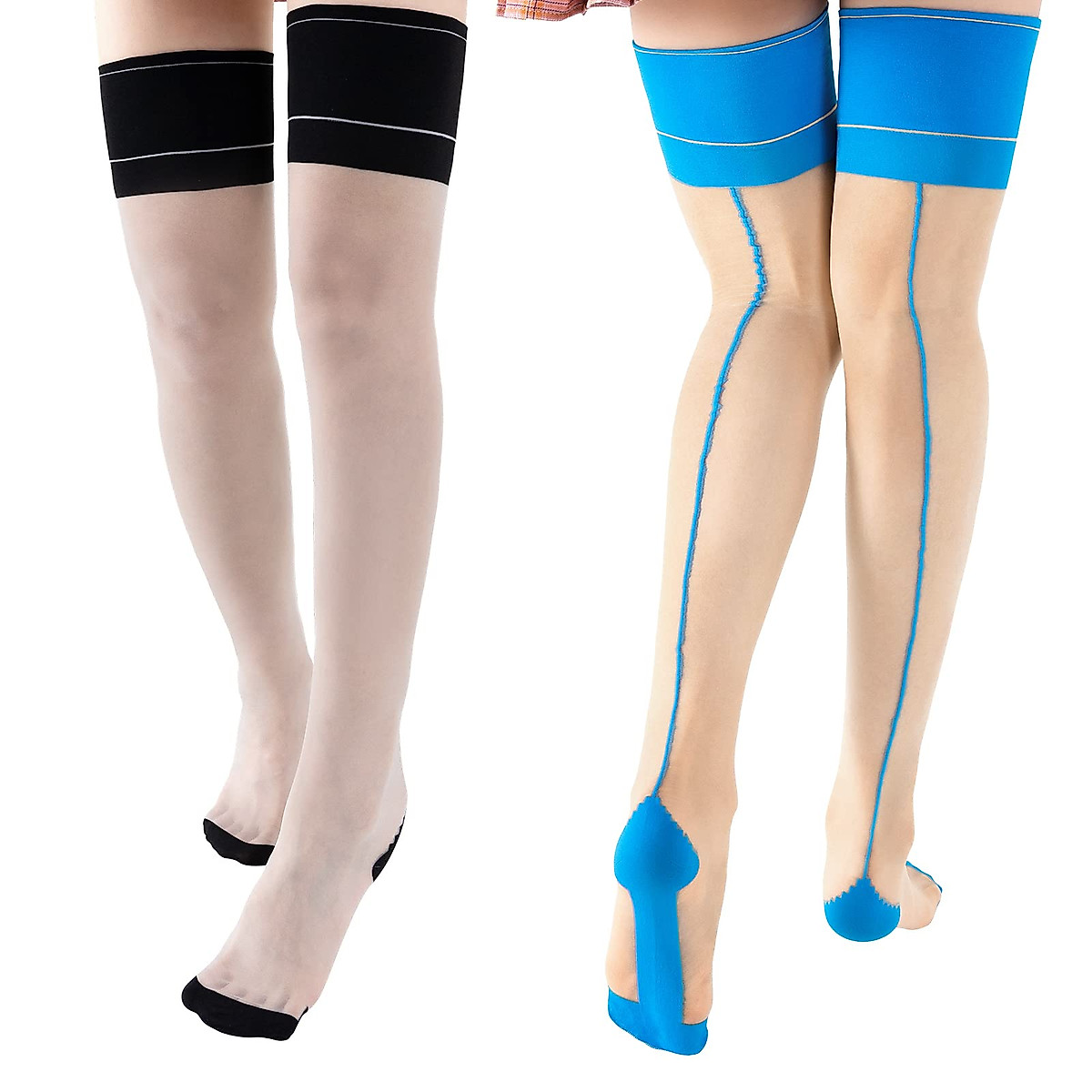 Littleforbig Backseam Thigh High Sheer Colored Silk Stockings with Colored Cuffs 2 Pairs - Blue Black