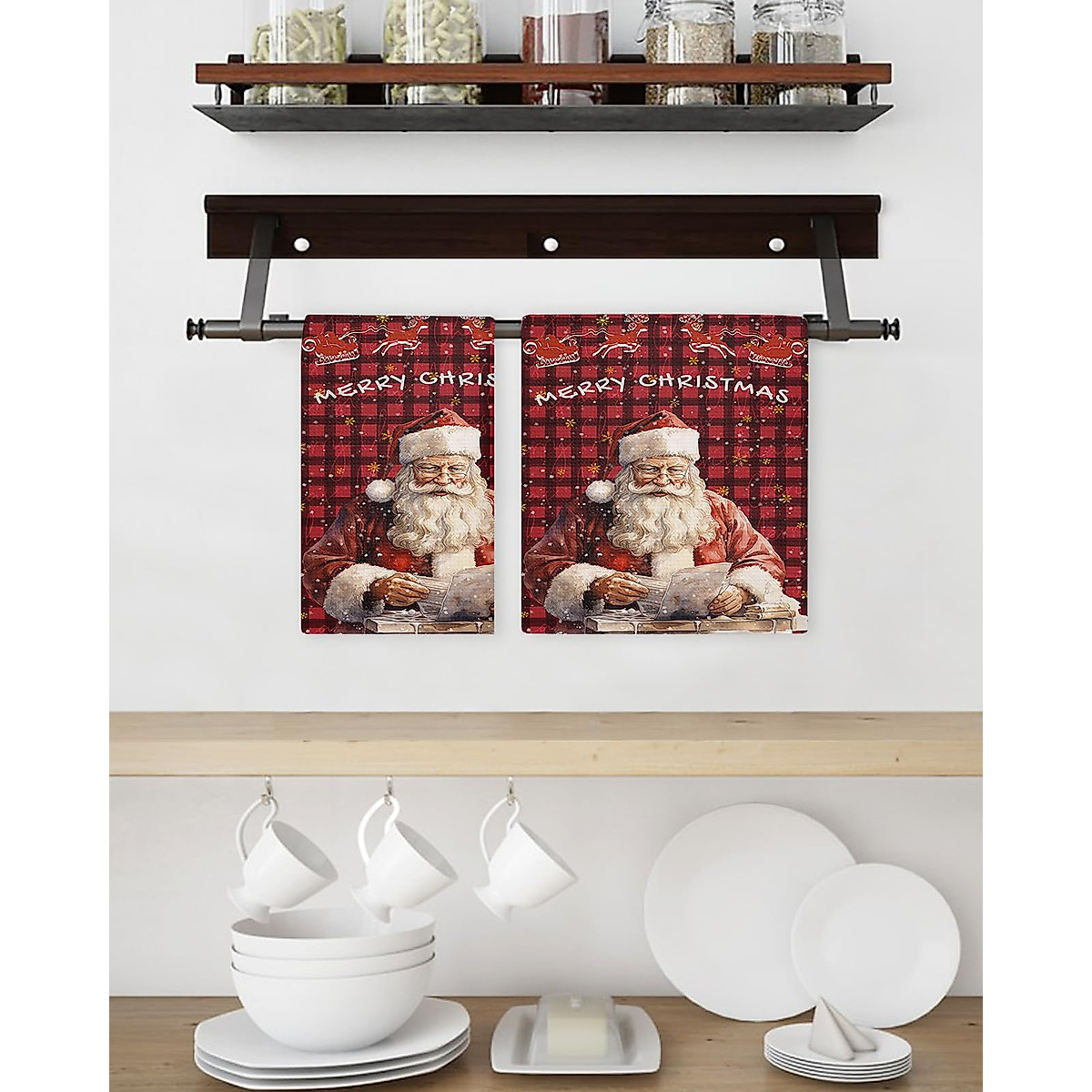 Onekaccu Watercolor Santa Claus Dish Towels Set, Waffle Weave Kitchen Towels Microfiber Towels Cleaning Christmas Elk Snowflake Red Soft Absorbent Dish Drying Towels Hand Towels 2 Pack 15.7x23.6 in