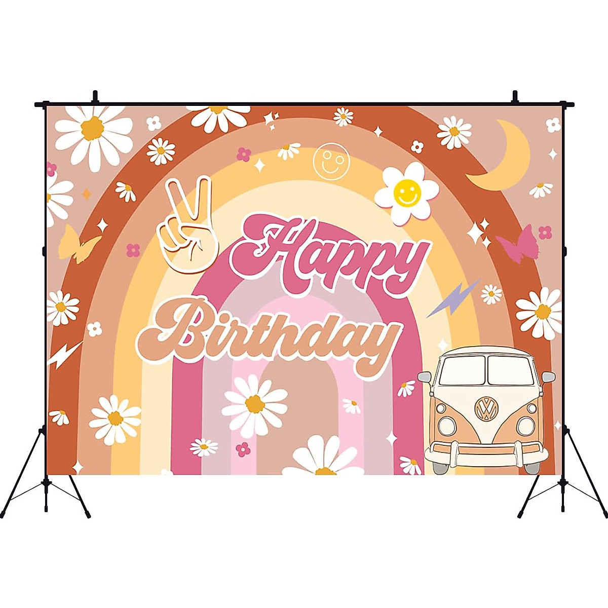 Aperturee 7x5ft Happy Birthday Backdrop Daisy Floral Groovy Photography Backdrop Girls Bday for Newborn Boho Rainbow Bus Party Decorations Cake Table Supplies Banner Photo Booth Props