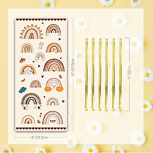 100Pcs Boho Rainbow Party Decorations Cellophane Bags Groovy Goodie Bags Treat Bags Baby Shower Candy Gift Bags Hippie Party Favors with 100 Pcs Gold Twist Ties for Birthday Wedding Themed Party