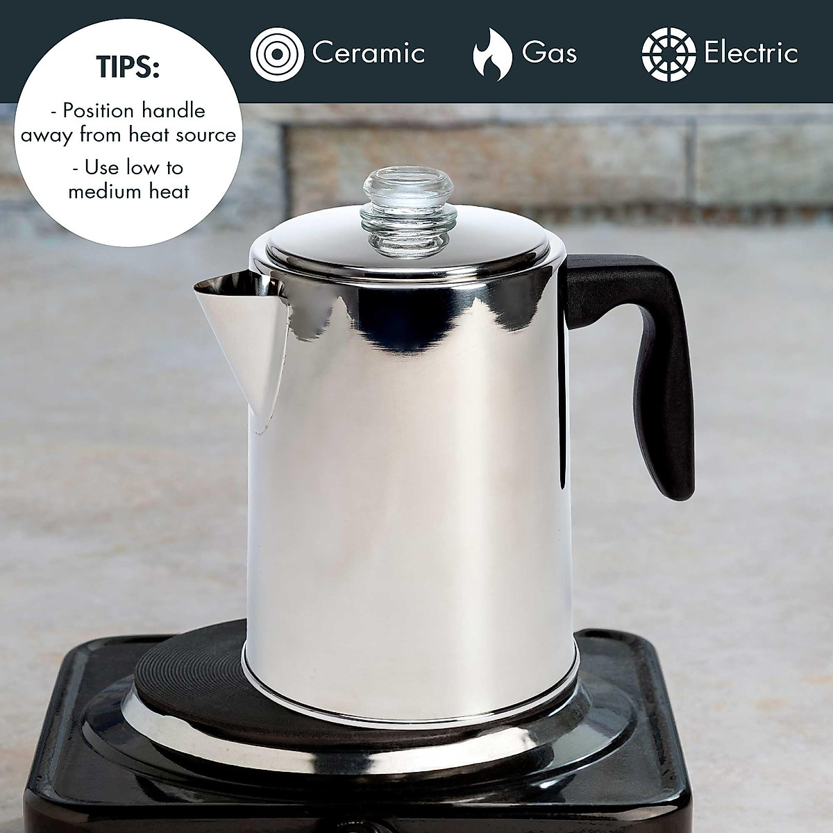 Primula Stovetop Coffee Percolator, Premium Stainless Steel Coffee Maker with Reusable Filter Basket, Non-Drip Spout, Glass Knob Brew Indicator and Heat Resistant Handle, Dishwasher Safe, 8 Cup