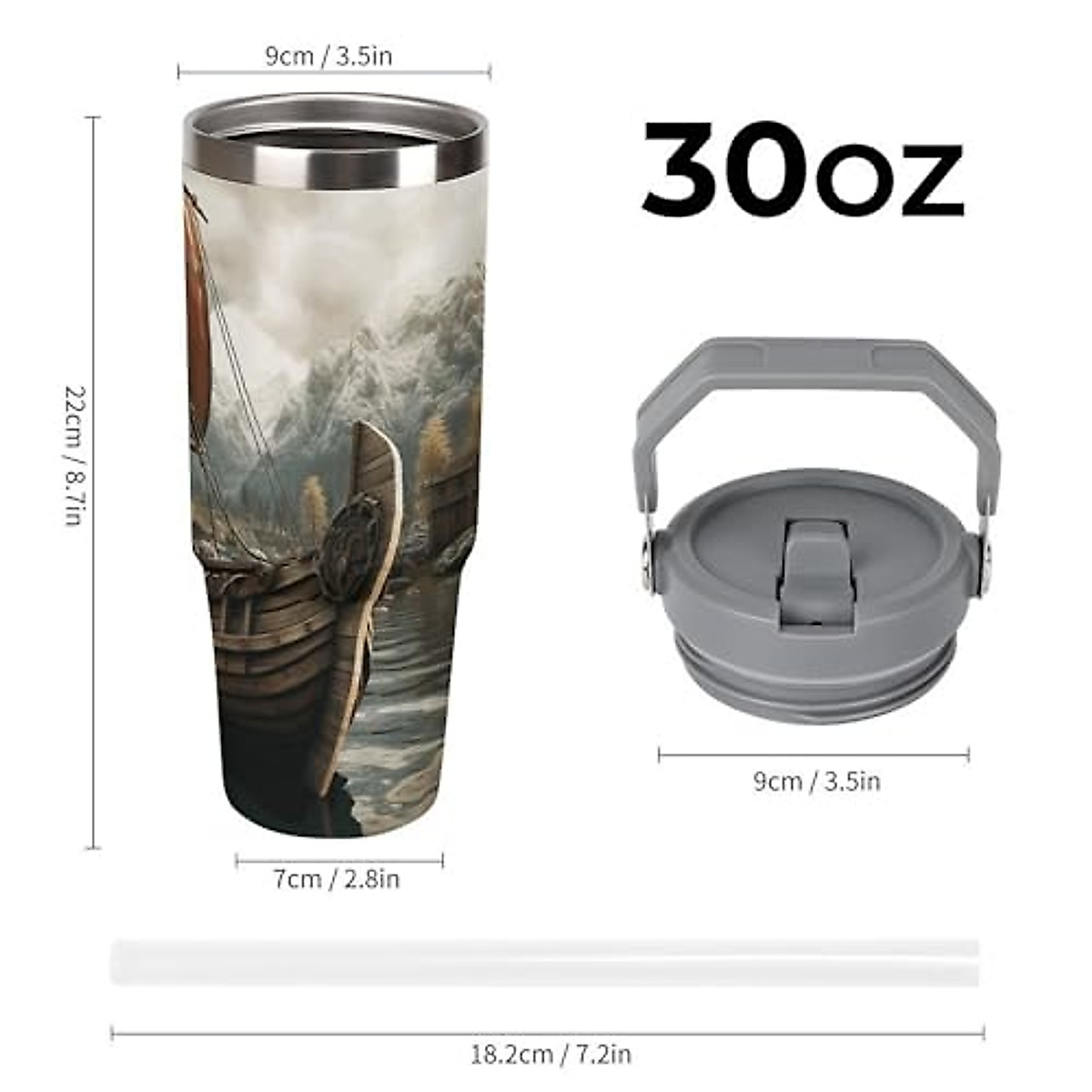 Old Viking Boat 30oz Stainless Steel Insulated Tumbler with Straw & Foldable Handle - Leakproof, Double-Wall Vacuum Travel Thermos for Hot/Cold Drinks, Non-Slip Base, Fit Cup Holders