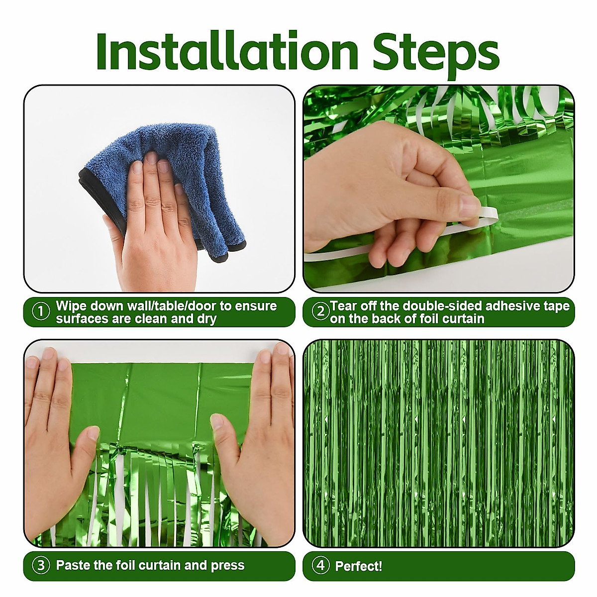 PABUES 5 Pack 3.3 x 6.6 FT Green Foil Fringe Backdrop Curtain, Streamer Backdrop Curtains, Streamers Birthday Party Decorations, Fringe Backdrop for Graduation, Baby Shower, Gender Reveal