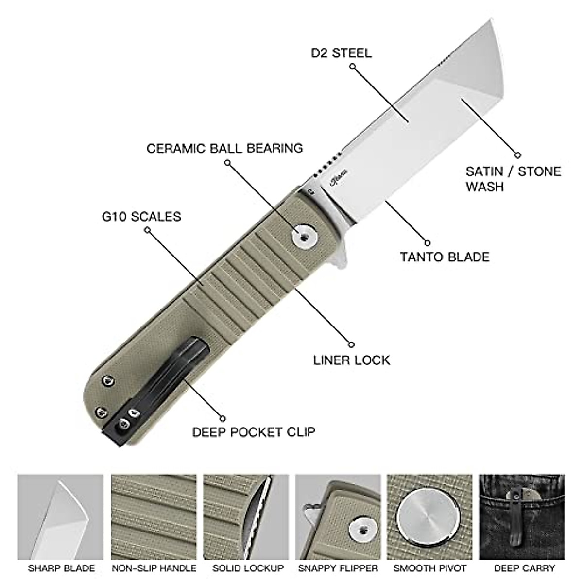 BESTECH KNIVES Tanto Folding Pocket Knife: 2.96" D2 Steel Stain Stonewashed Blade, G10 Handle, Flipper Liner Lock, Deep Carry Clip (BG49A-2 Beige)