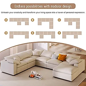 VASOENY 129.3'' U Shape Modular Sectional Sofa, Oversized Polyester Fabirc L Shaped Couch, 6 Seat Corner Sofa Couch with 5 Pillows and Ottoman Chaise for Living Room, Office