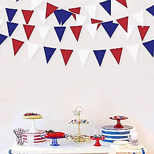 32Ft Red Blue White Banner Party Decorations Fabric Pennant Triangle Flag Bunting Garland for Patriotic 4th of July USA American Independence National Day Graduation Birthday Wedding Outdoor Decor
