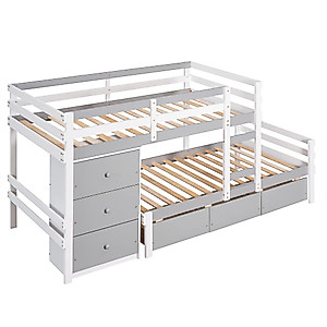 Low Loft Bed with Storage Drawers and Dresser, Wood Twin Over Twin Bunk Bed Frame for 2 Kids, Modern Junior Loft Beds with Storage and Platform Bed for Boys Girls Teens, Gray