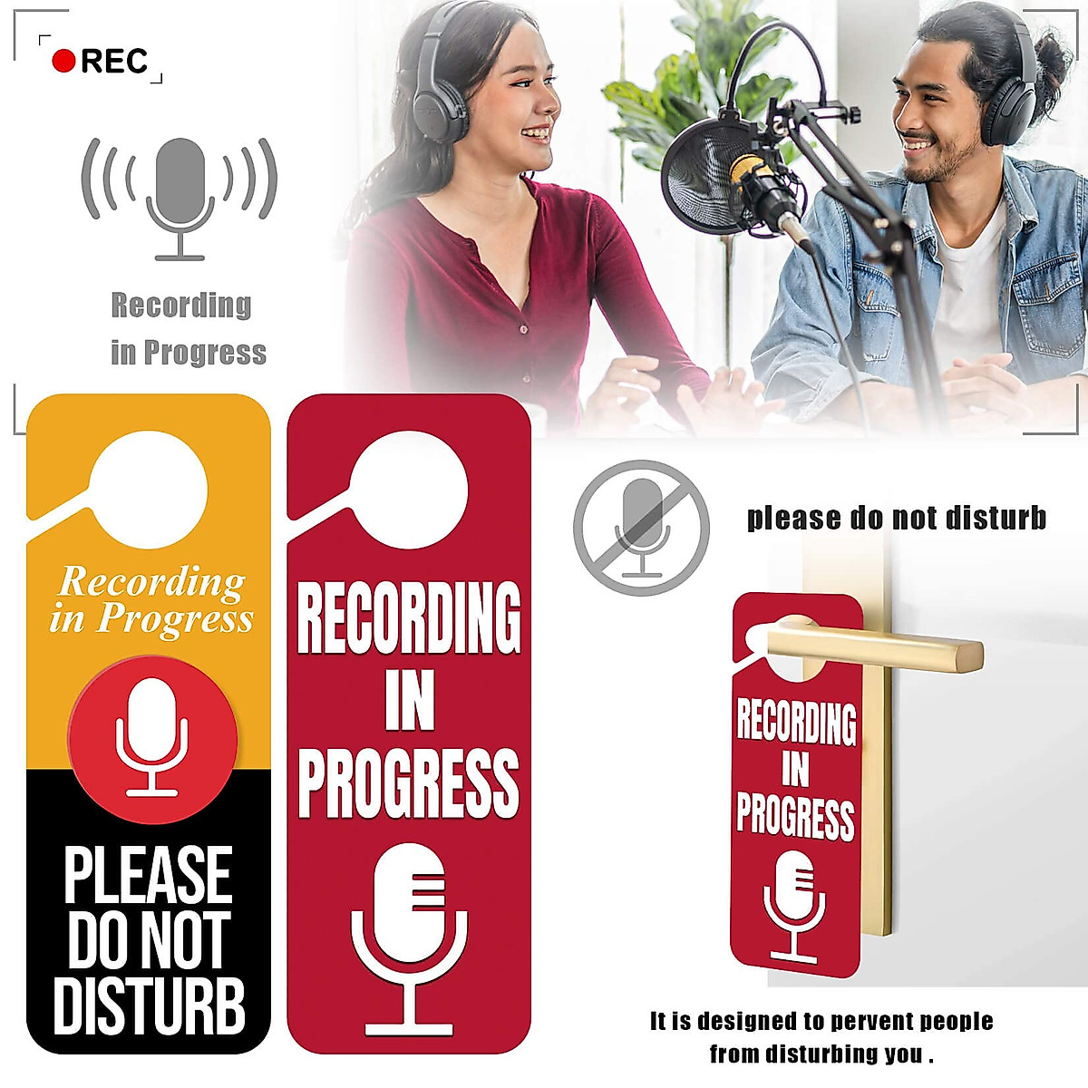 2 x Do Not Disturb Door Hanger Sign,Recording in Progress Do Not Disturb Door Hanger Sign,Recording in Progress Microphone Door Knob Hanger Sign for Offices Clinics (9.5 X 3.5 Inch)