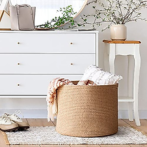 Goodpick Round Wicker Storage Basket, Woven Laundry Basket with Handles, Floor Basket for Blankets, Shoe, Large Jute Basket for Living Room, Bedroom Room, 15.8 D x 12.6 H inches