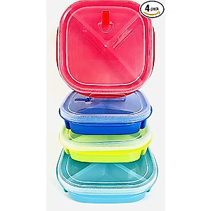 Set of 4 - Microwave Food Storage Containers, Lunch Boxes - 3 Section / Compartment Divided Plates w/ Vented Lid and 1 BAMD Kitchen Conversion Magnet, 41965n