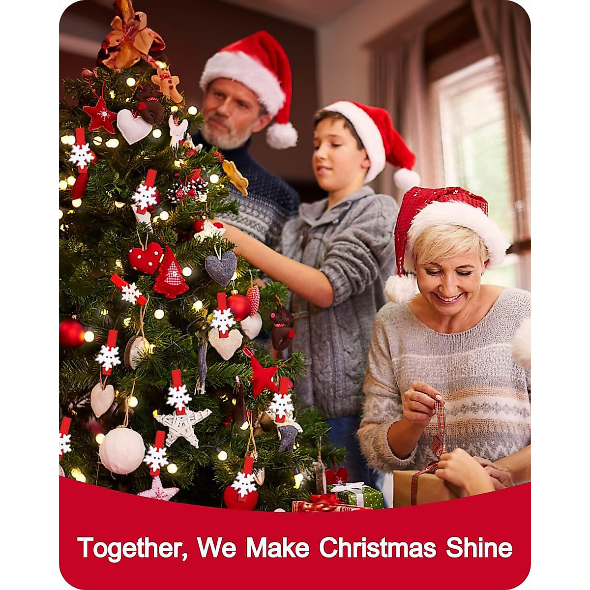 Mini Clothespins Christmas Clothes Pins for Photo Red Clothespins White Snowflake Wooden Clips Small Close Pins for Picture Polaroid Craft Display Hanging Wall Card Holder, 50 PCS with 33 FT String