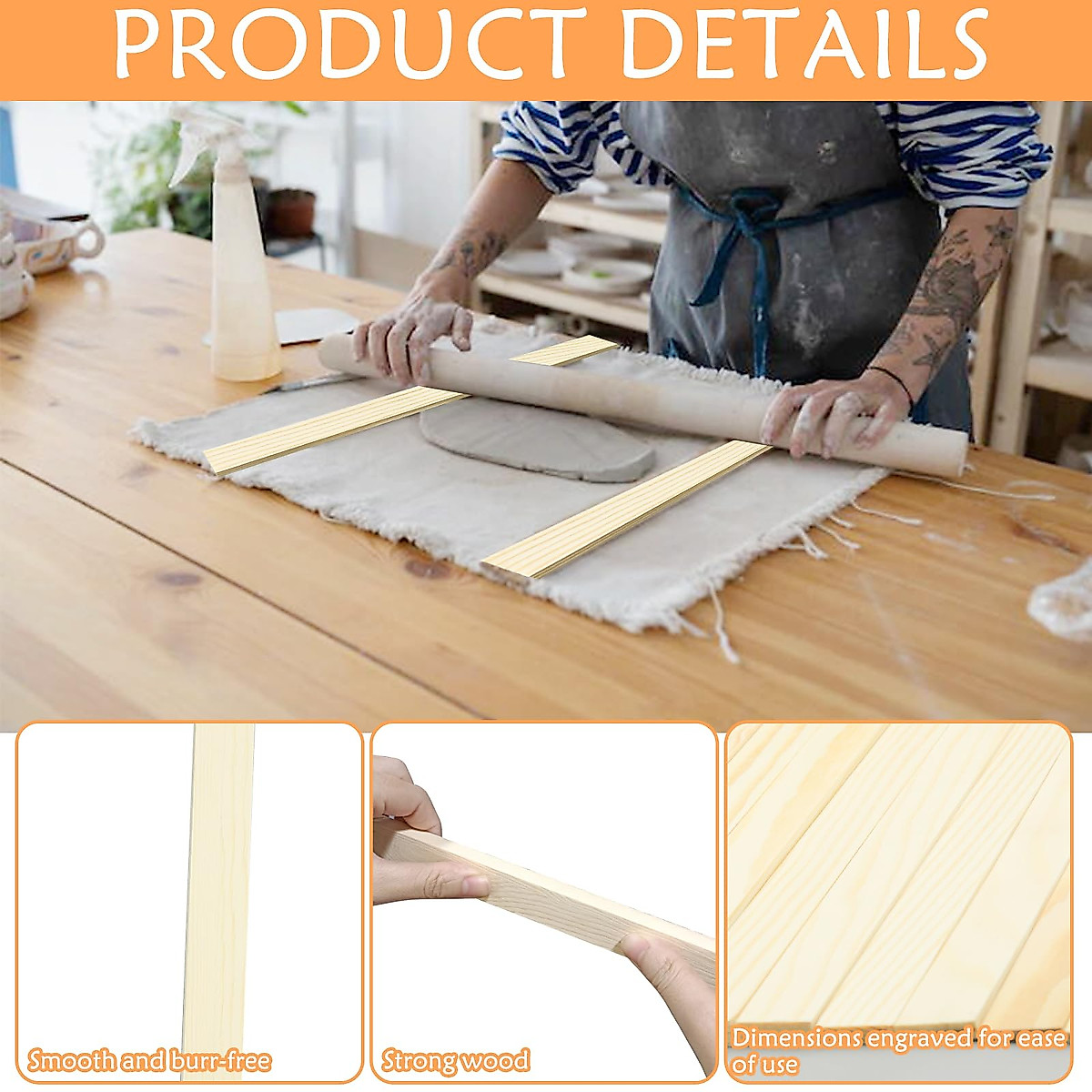 10Pcs Pottery Teaching Rolling Mud Stick Guide, Wooden Clay Rolling Pin for Clay Tools, Pottery Tools with Clay Slab Roller & Clay Guides Sticks, Ceramic Tools for Pottery Fixing Clay Thicknesses