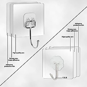 Yozone 15 Piece Heavy Duty Sticky Hooks ,Waterproof and Oilproof Transparent Reusable Seamless Hooks with 22lb(Max)for Bathroom,Kitchen and Home Sticky Hooks (5Large+10small)