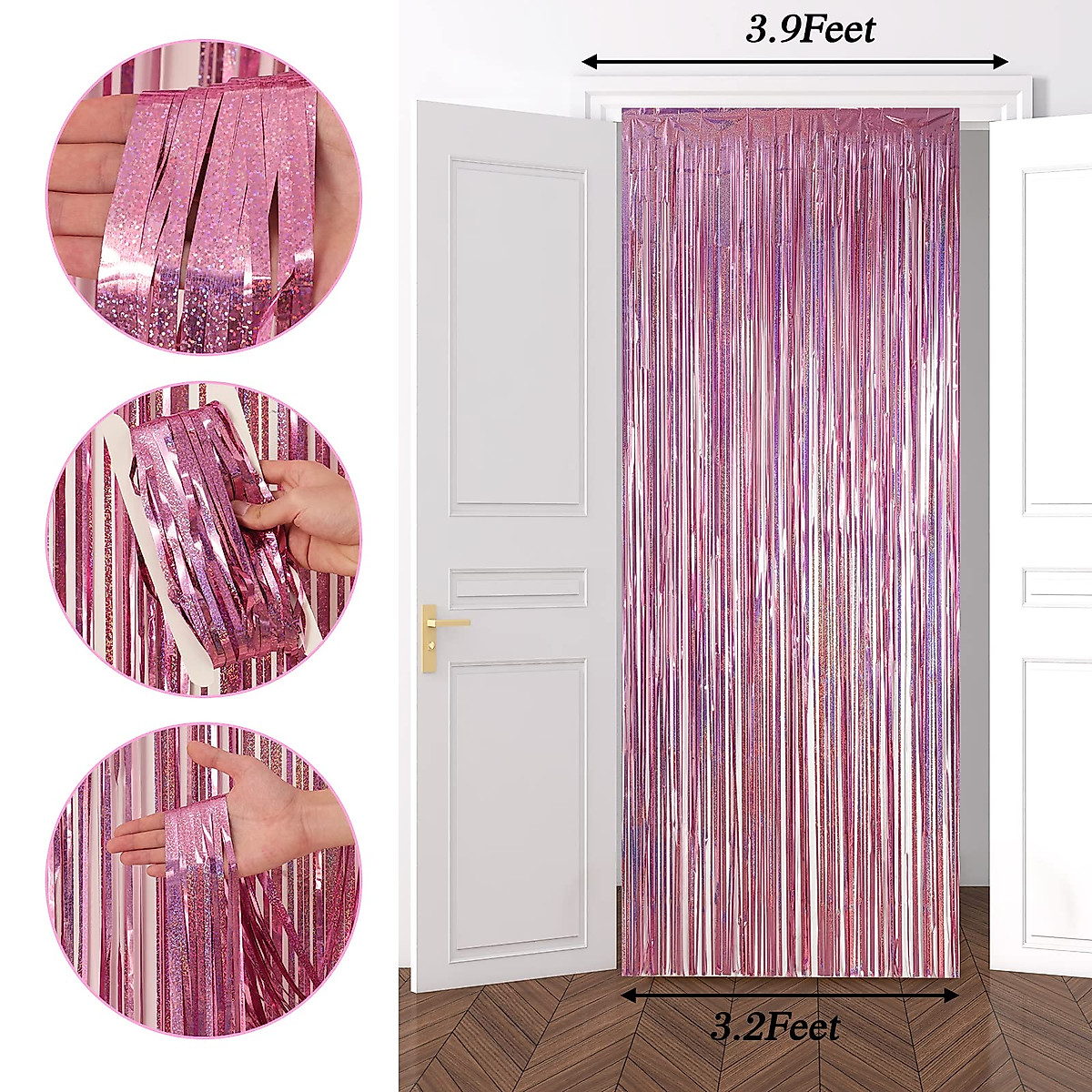 RUBFAC Pink Tinsel Backdrop for Pink Party Decorations, Pink Foil Fringe Curtain, 6.4x8 Feet, Pack of 2, Pink Streamers Decorations for Princess Birthday Bachelorette Wedding
