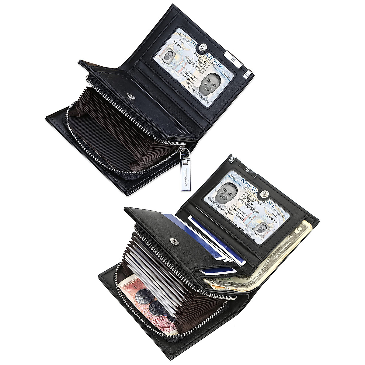 BNAM Wallet for Men Durable Bifold Mens Wallets with Window RFID Blocking Credit Card Holder Wallet with Zipper coin purse and 15 Card Slots (Black) (HTN-001)