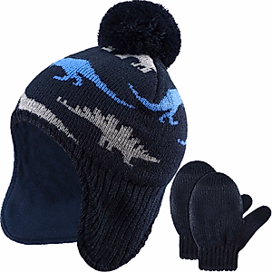 Boys Winter Hat Mitten Gloves Set Toddler Warm Beanie Earflap Baby Knit Fleece Lined Hat (Navy Blue,4-5 Years Old)