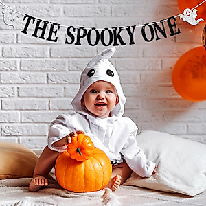The Spooky One Banner, Halloween 1st Birthday Bunting Sign, Halloween Ghost Bat 1st Birthday/Baby Shower Party Decoration Supplies for Girl Boy, Black Glitter