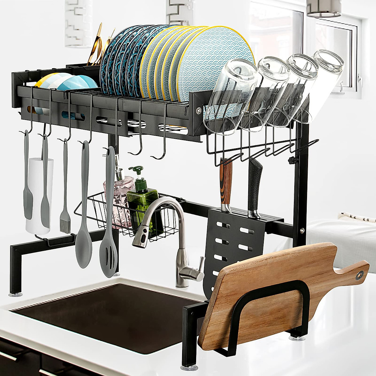 G Model Draining Rack for Sink, Sturdy and Durable Stainless Steel, Retractable Draining Rack with Baked Enamel Coating for Storage Kitchen Counter Organization（Black）