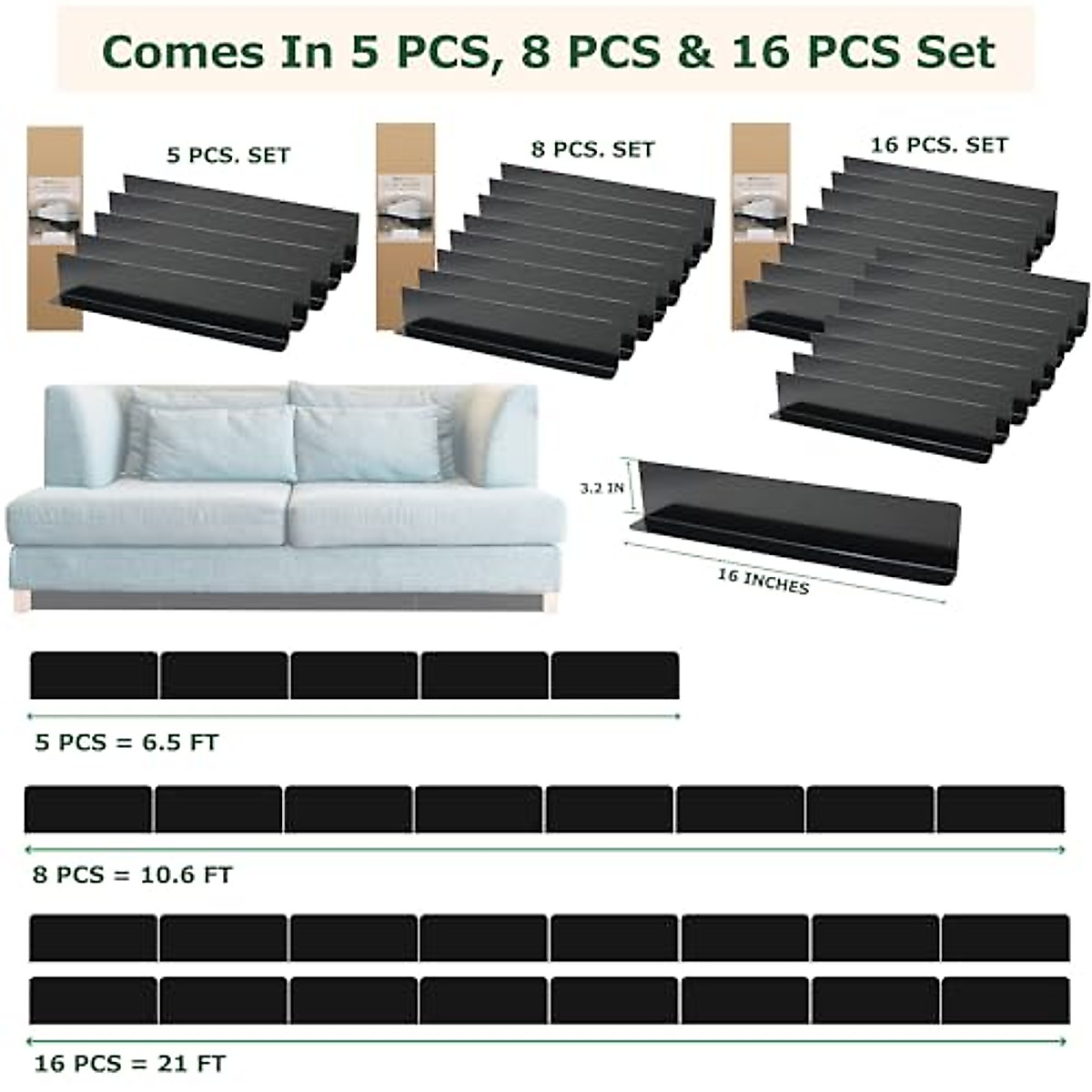 ECOHomes Under Couch Toy Blocker (Black, 8 Pcs, 16” Length x 3.2” Tall) - Couch Guards for Under Couch Prevent Toys from Going Under Furniture | Under Sofa Blocker and Under Bed Blocker for Cats