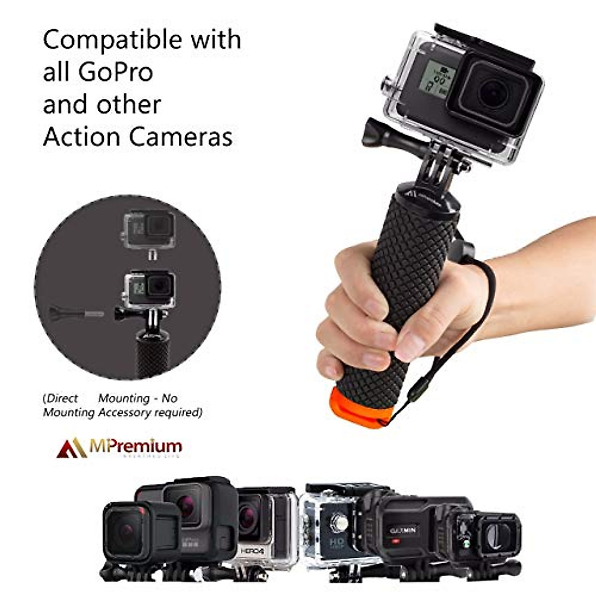 Waterproof Floating Hand Grip Compatible with GoPro Hero 11 10 9 8 7 6 5 4 3+ 2 1 Session Black Silver Handler & Handle Mount Accessories Kit for Water Sport and Action Cameras (Orange)