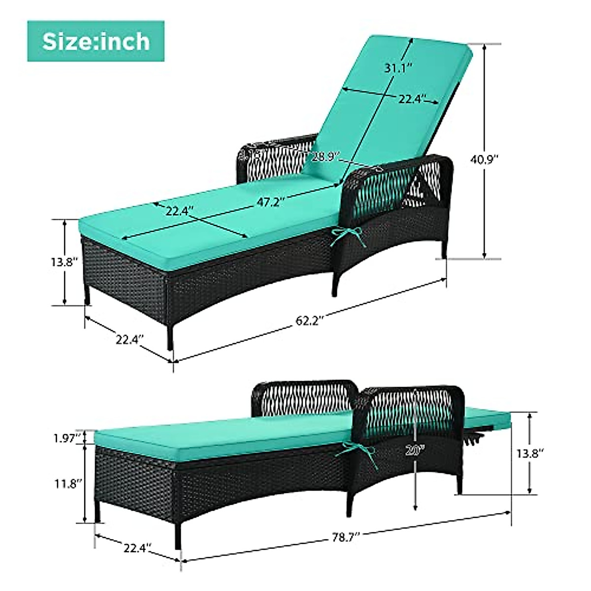DHHU Foldable Chaise Sun Lounger Terrace, Outdoor Rattan Lounge Chair, Adjustable Back Recliner, (2 Set), Black Wicker/Green Cushion