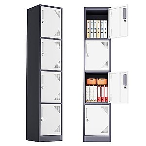 Halamine Employee Lockers, 4 Tiers Metal Locker for Storage, Tall Steel Storage Lockers for Employees, Lockable Lockers for Office, School, Gym, Office (White-Grey)