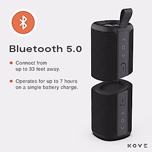 KOVE Commuter 2 - Black Bluetooth Speakers, Portable, Wireless with HD Louder Volume, Deep Bass Subwoofer, Microphone, IPX7 Water Resistant - Perfect Boom Box for Home, Outdoor or Travel