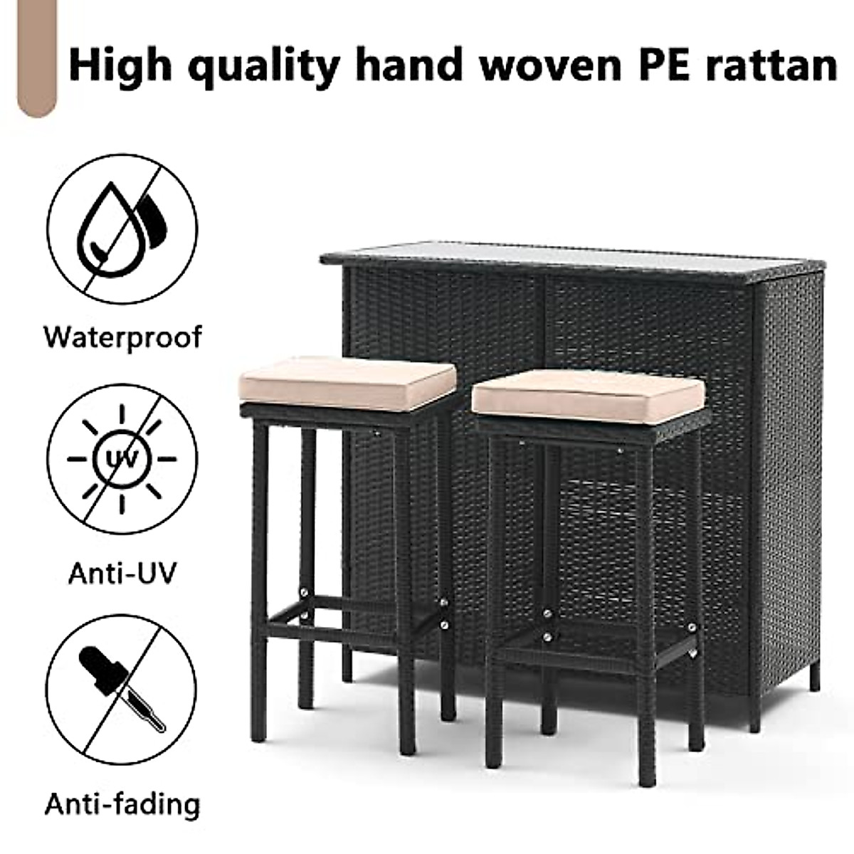 SoarFlash 3-Piece Outdoor Wicker Bar Set, Patio Rattan Bar Height Table Set with Stools, Cushion, Bistro Set for Poolside, Garden and Backyard, Beige