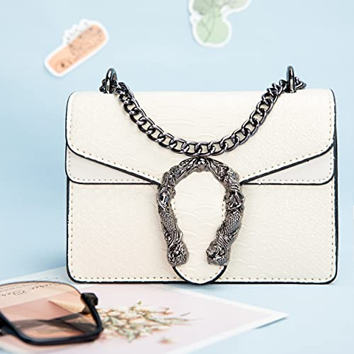 GLOD JORLEE Trendy Chain Crossbody Mini Bags for Women - Luxury Snake Printed Leather Shoulder Satchel Bag Evening Clutch Purse Handbags (off-white,Size:XS)