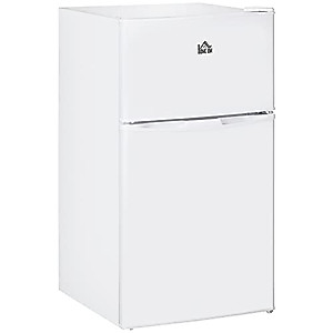 HOMCOM Double Door Mini Fridge with Freezer, 3.2 Cu.Ft Compact Refrigerator with Adjustable Shelf, Adjustable Thermostat and Reversible Door for Bedroom, Dorm, Home Office, White