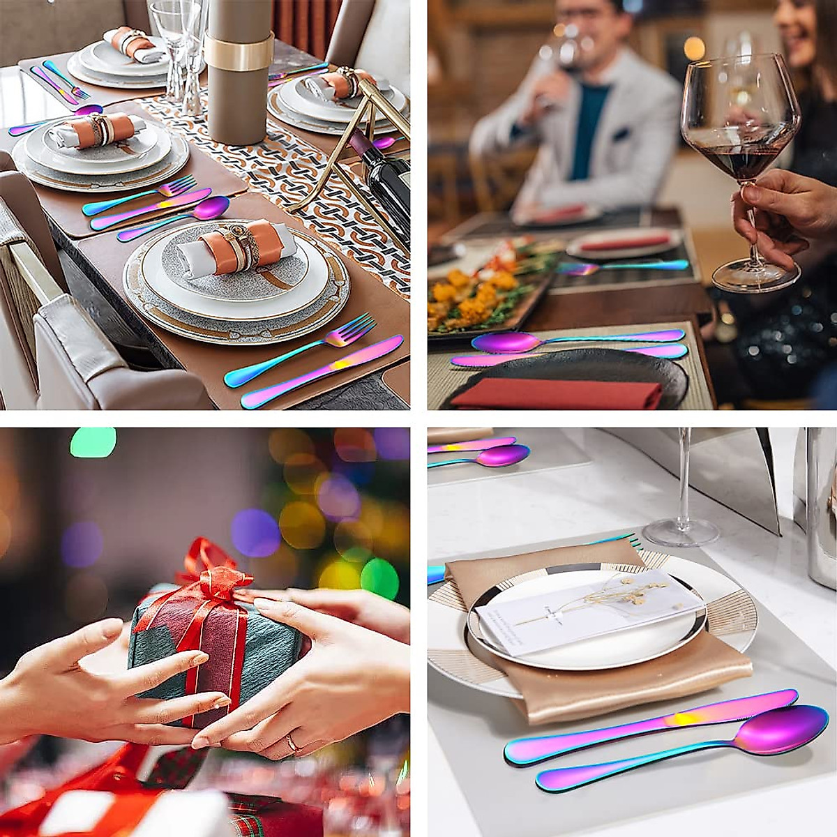 Rainbow Silverware Flatware Set for 8, 40 piece Stainless Steel Colorful Cutlery With Titanium Plated, Tableware Kitchen Eating Utensil Set Include Knife/Fork/Spoon, Mirror Polished, Dishwasher Safe