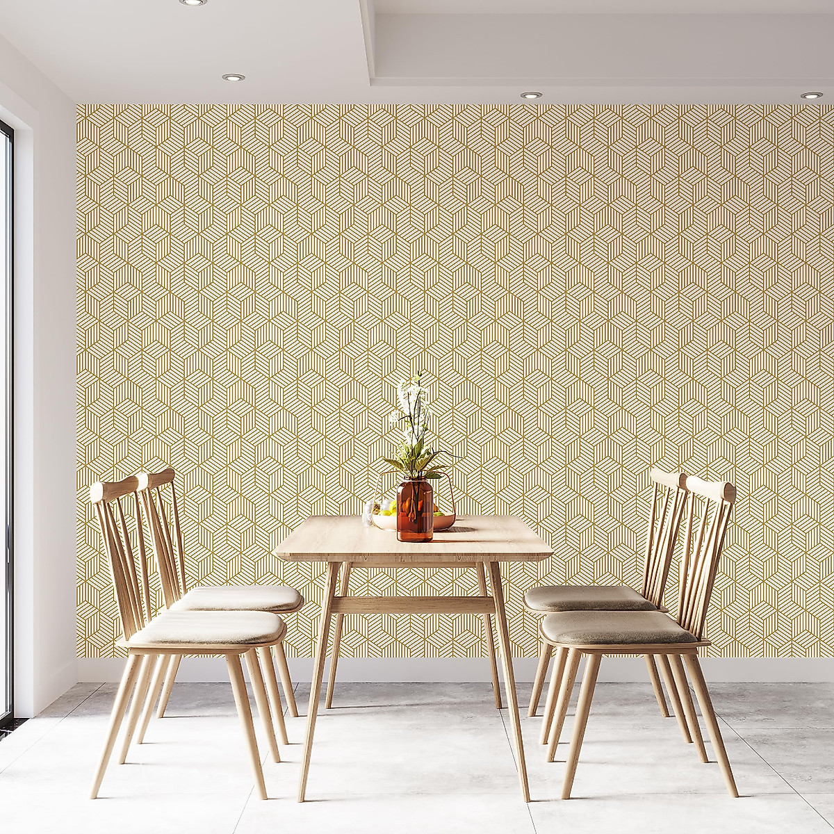 White and Gold Geometry Stripped Hexagon Peel and Stick Contact Paper self Adhesive Wallpaper Removable Vinyl Film Decorative Shelf Drawer Liner Sticker 118 inch x17.7 inch