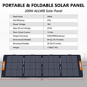 ALLWEI 200W Portable Solar Panel for 1200/2000W Power Station Solar Generator, Foldable 3-in-1 Outputs 18V Solar Charger with Adjustable Kickstand, Waterproof IP68 for Camping Fishing Home Off Grid