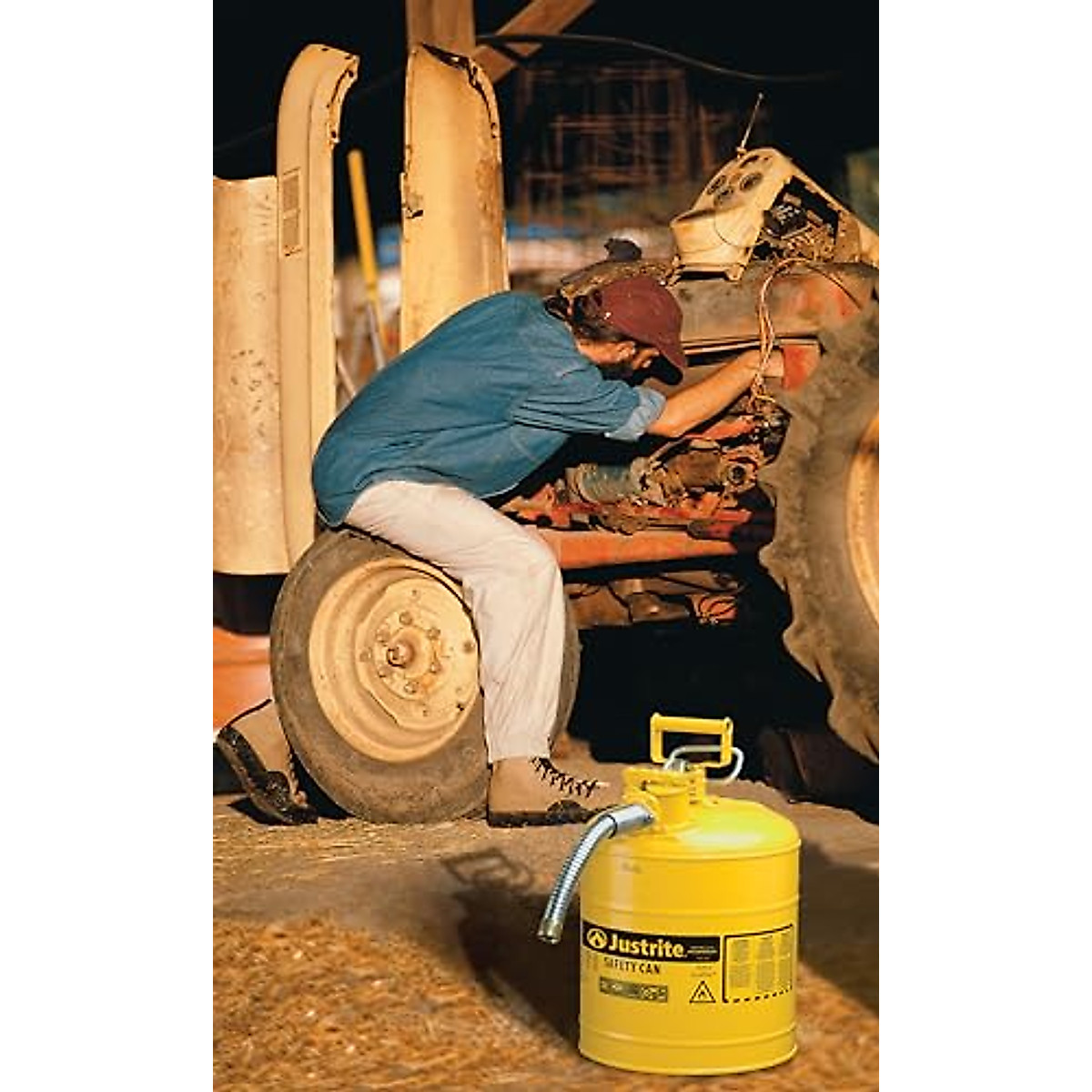Justrite 5 Gallon Type II Yellow Safety Can for Diesel with Flame Arrester, Self-Closing Lid, and 1" Flexible Metal Spout, Made in the USA, Galvanized Steel Flammable Storage Can, 7250230