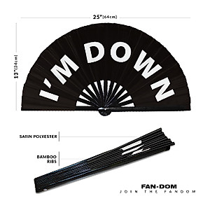 I'm Down Hand Fan Foldable Bamboo Circuit Rave Hand Fans Slang Words Fan Outfit Party Gear Gifts Music Festival Rave Accessories (Black)