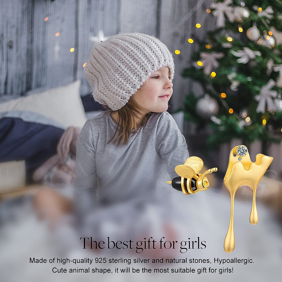 Lotus Fun S925 Sterling Silver Earrings Bee and Dripping Honey Asymmetric Stud Earrings for Women, Creative Handmade Unique Jewelry Gifts (Gold)