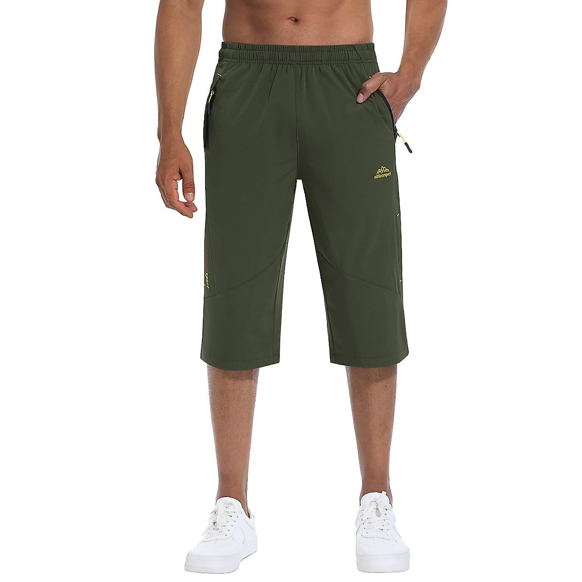 MAGCOMSEN Mens 3/4 Capri Pants Outdoor Quick Dry Knee Length Gym Drawstring Training Workout Running Shorts Army Green, 40