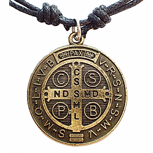 Bijoux de Ja Antique Bronze Saint Benedict of Nursia Medal Pendant Adjustable Cord Necklace 16"