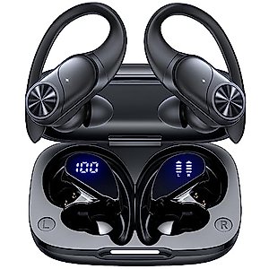 Bluetooth Headphones Wireless Earbuds 80hrs Playtime Wireless Charging Case Digital Display Sports Ear buds with Earhook Premium Deep Bass IPX7 Waterproof Over-Ear Earphones for TV Phone Laptop Black