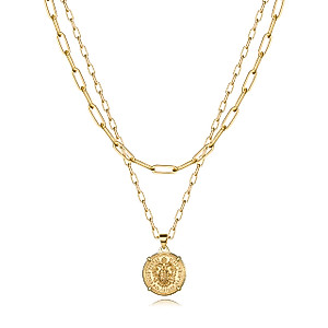 Turandoss Gold Necklaces for Women - 14K Gold Coin Pendant Layering Link Chain Choker Layered Gold Necklaces for Women Jewelry Gifts