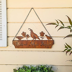 California Home and Garden CH303 Hanging Metal Quail Family Believe-Hope-Inspire Sign with Flowers, Rustic Look Artwork, 20 Inch Wide, Brownish Red