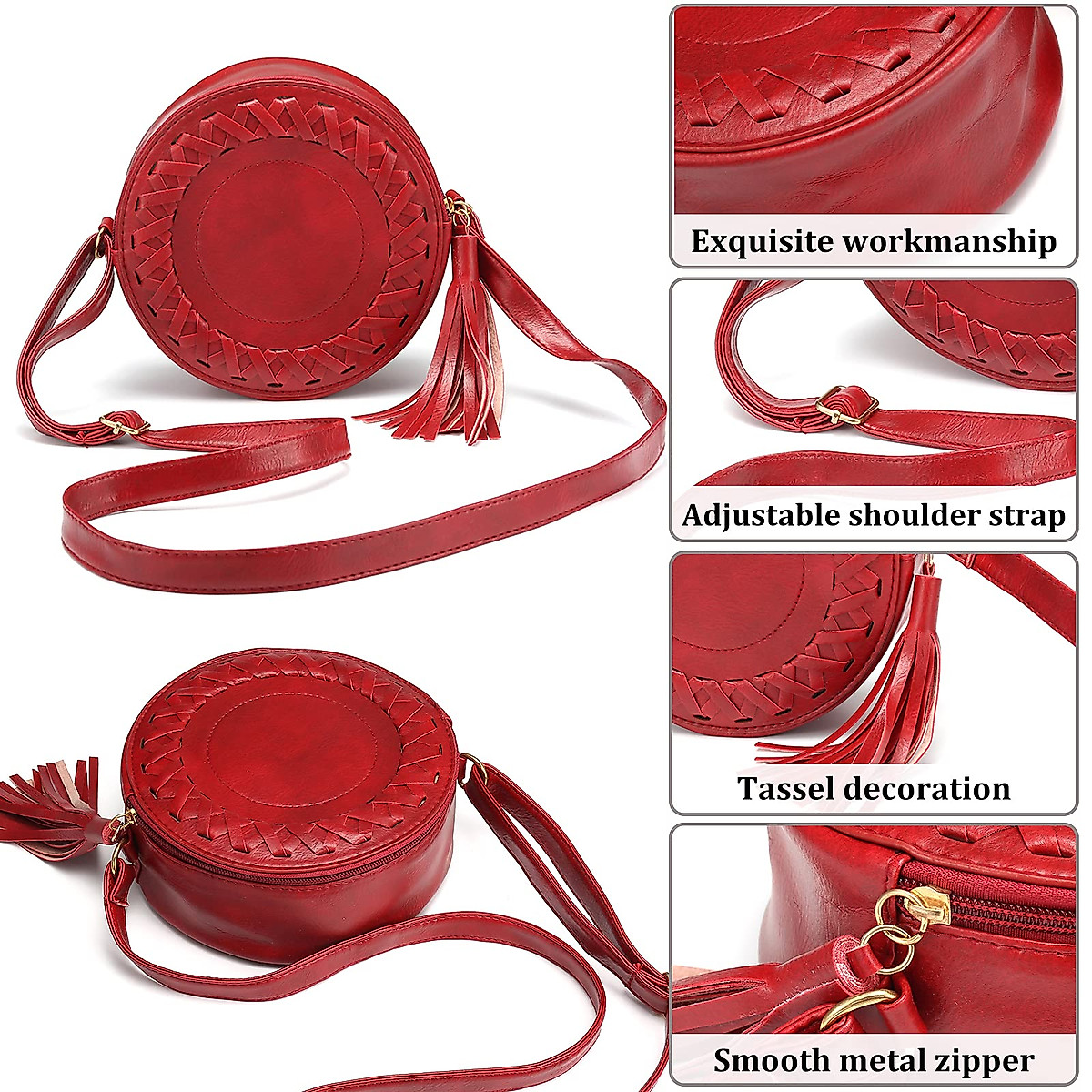 JOSEKO Women Crossbody Bags, PU Leather Zipper Shoulder Bag Round Cell Phone Purse with Tassel Red 7.48''(L) x 7.48''(W) x 2.75''(H)