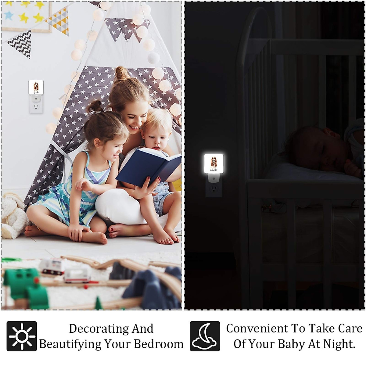 EVANLinsim Basset Hound Dog Night Light Plug in Set of 2, 0.5 W Led Night Lights for Kids Adults Boys Girls Babies, Auto Senor Dusk to Dawn for Reading Bathroom Bedroom Nursery Decorative