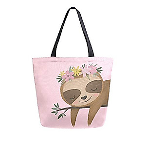 ALAZA Large Canvas Tote Bag Cute Sloth Flower Pink Shopping Shoulder Handbag with Small Zippered Pocket