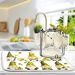 Yellow Gnomes Bee Absorbent Dish Drying Mat Reversible 16"x18",Summer Honey Sweet Drying Pad Protector for Kitchen Counter Sinks Dining Table